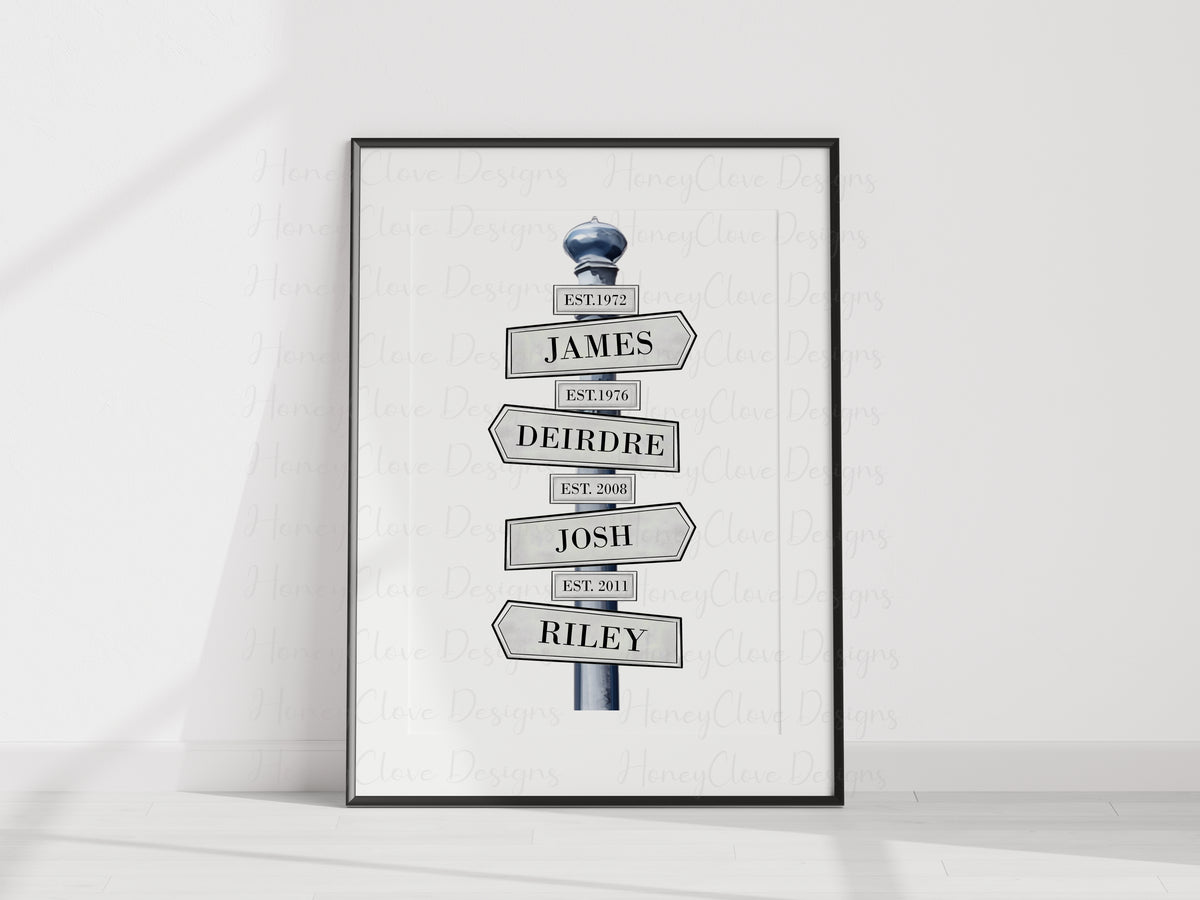 Name and dates Signpost A4 Print -UNFRAMED – HoneyClove Designs